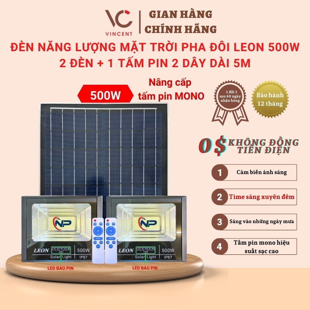 Đèn led năng lượng mặt trời VINCENT LED, đèn pha đôi LEON trang trí sân ...