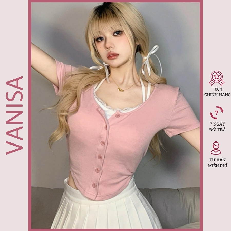 Áo croptop kiểu phối yếm ren cột dây cài cúc hồng VANISA CT027 | Shopee ...