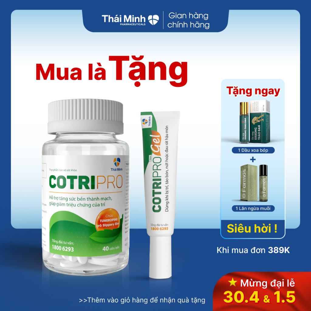 [Che tên] CotriPro Thái Minh Viên & Gel - Dùng khi bị trĩ nội, trĩ ngoại, táo bón và đau rát hậu ...