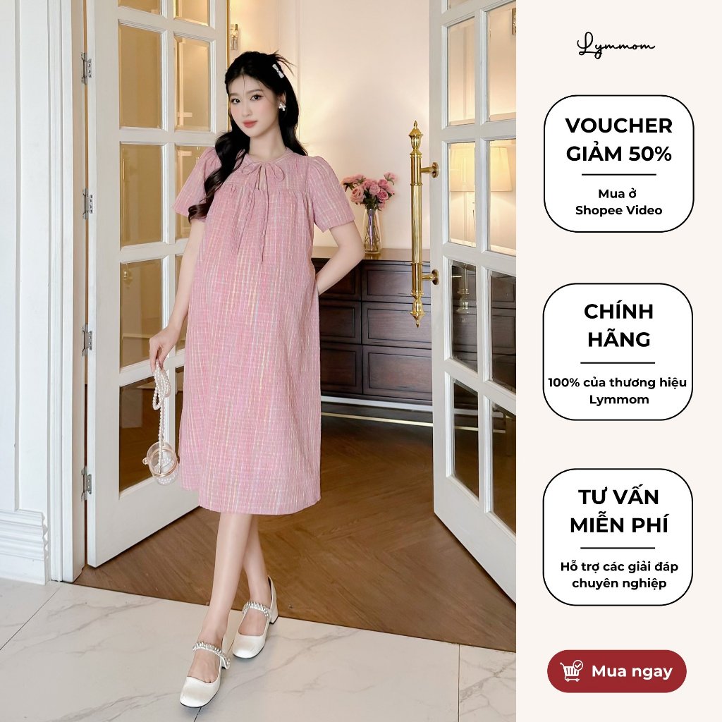 Đầm Bầu Thiết Kế LYMMOM Váy Kẻ Caro Dáng Suông Nơ Hồng Dự Tiệc Đi Chơi Công Sở Chất Liệu Thô Sợi ...