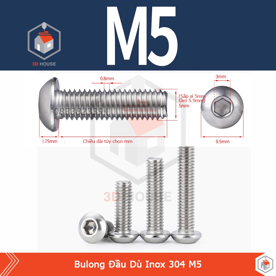 Ốc - Bulong Lục Giác Inox 304 M5 Đầu Dù - Dùng Lục Lăng 3 (10con) | Shopee Việt Nam