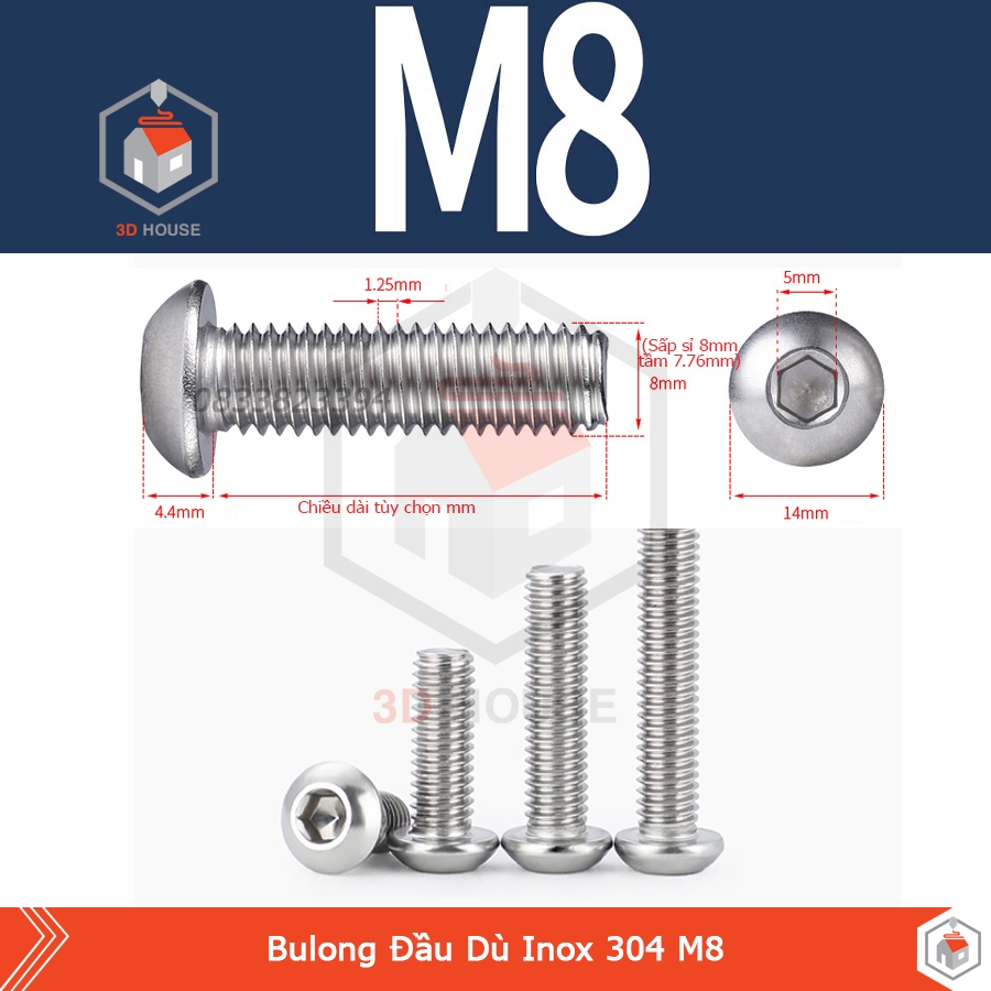 Ốc - Bulong Lục Giác Inox 304 M8 Đầu Dù - Lục Lăng 5 | Shopee Việt Nam
