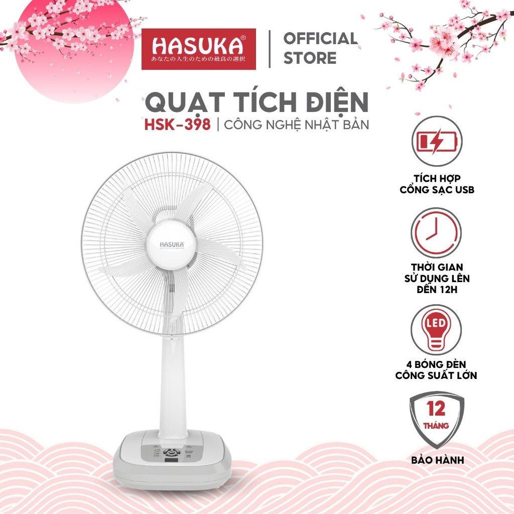 Quạt sạc tích điện HASUKA HSK-398 3 tốc độ tích hợp đèn LED cổng sạc ...