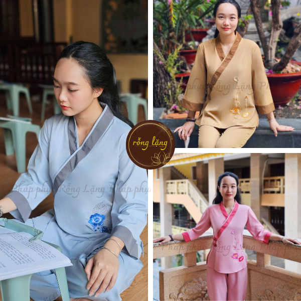 Bộ pháp phục đồ lam đi chùa vạt chéo kiểu thiền, áo thêu sen chất liệu ...