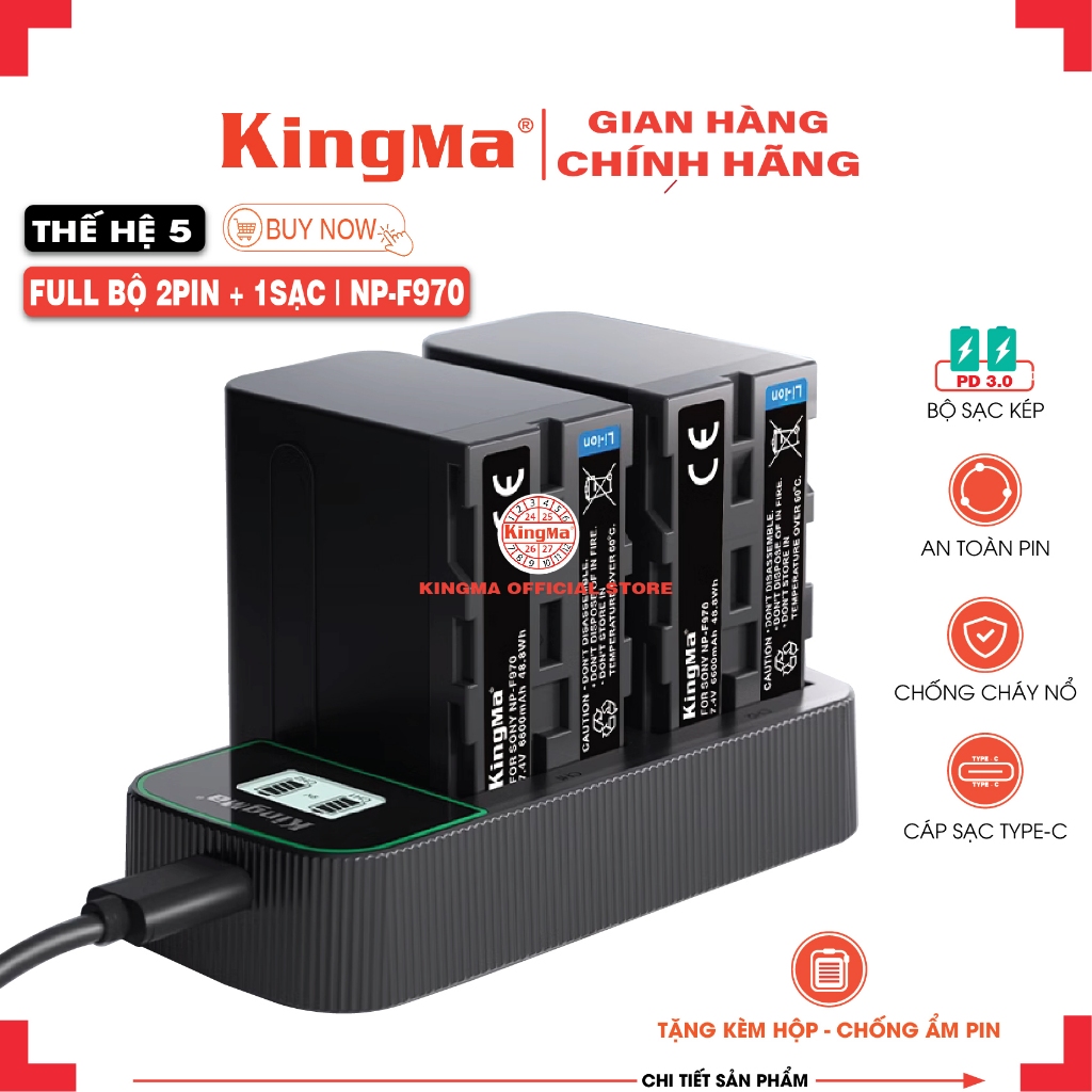 Bộ 2 Pin + Sạc Đôi NP-F970 Thế Hệ 5 LCD Chính Hãng Kingma NP-F970 Sạc ...