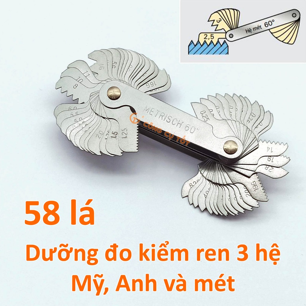 Dưỡng đo bước ren tam hệ Mỹ, Anh và hệ mét 58 lá - 2 hệ ren 55 độ và 60 ...
