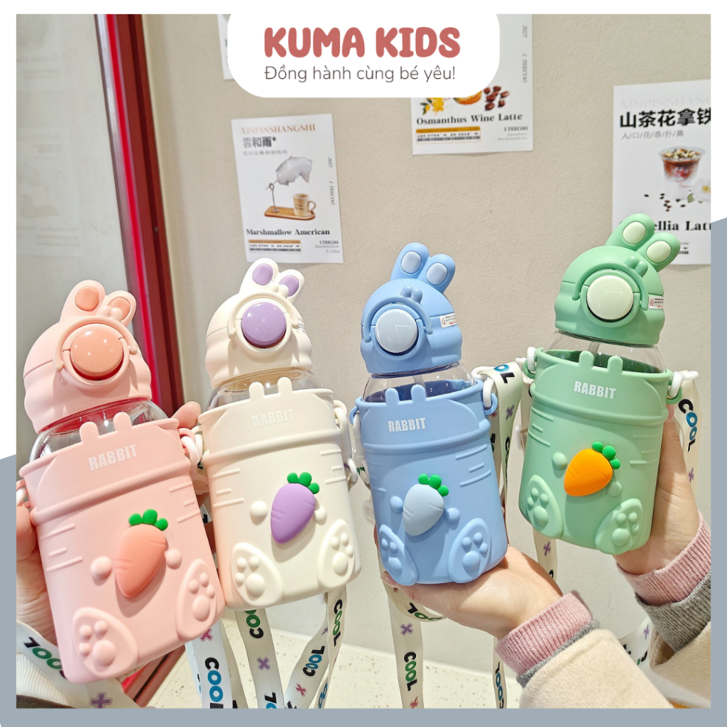 Bình đựng nước cho bé mini cầm tay hình thỏ Kuma Kids, cốc đựng nước kèm dây đi học đi chơi cho ...