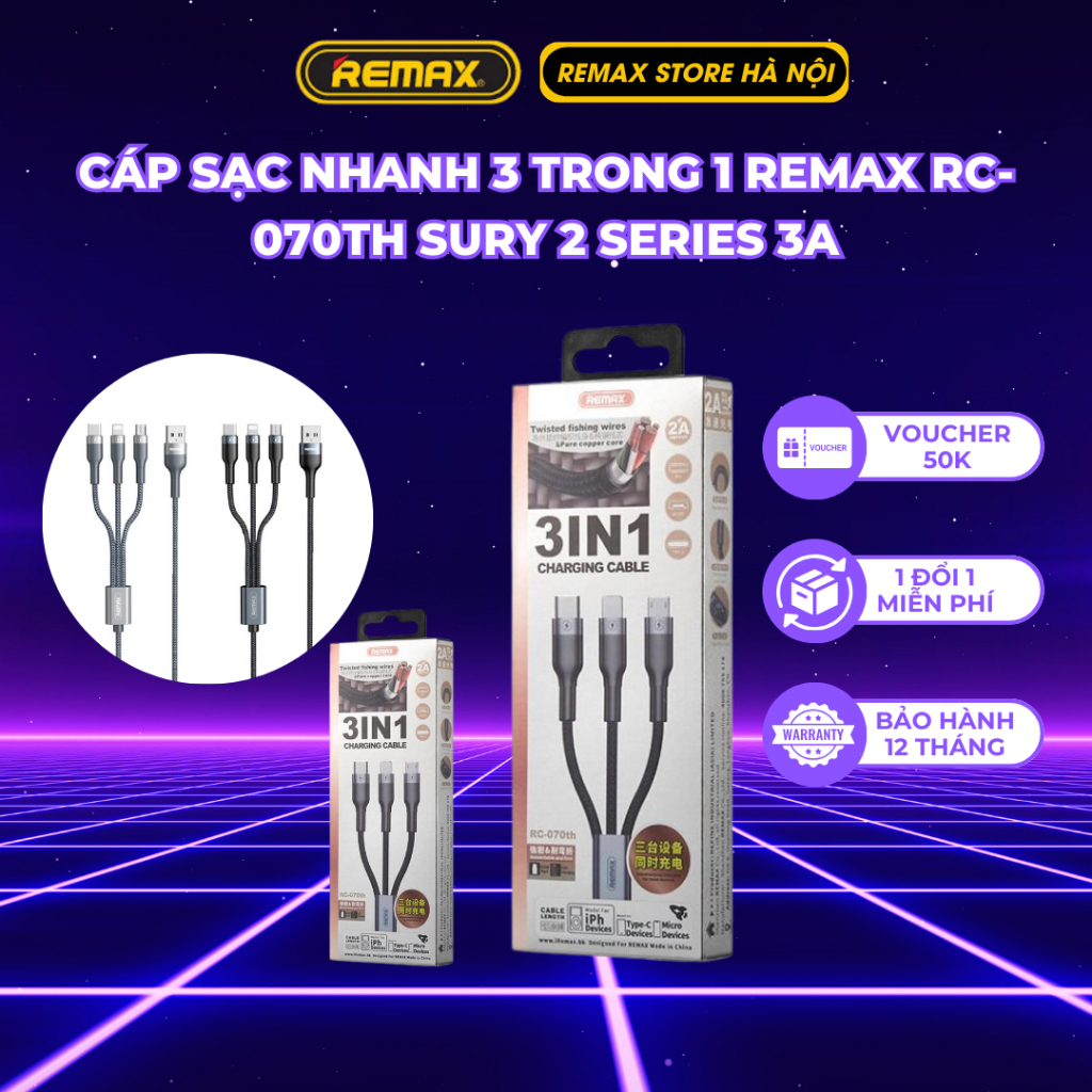 Cáp sạc nhanh 3 trong 1 chính hãng REMAX RC-070TH Sury 2 Series 3A sạc ...