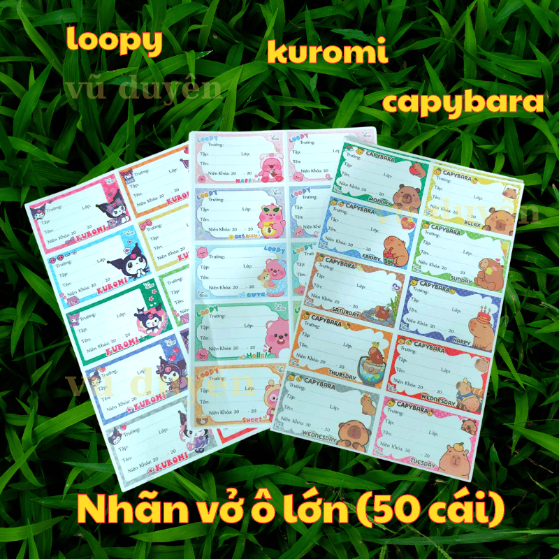 [50 cái] Nhãn vở môn học loopy, capybara, pochaco có sẵn keo nhiều kiểu ...
