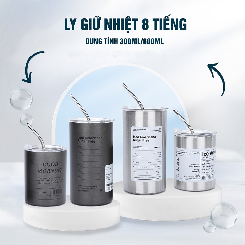 Cốc Giữ Nhiệt Iced Americano Inox 304 Có Ống Hút Ly Uống Coffee 600ML Giữ Nhiệt 6-8 Tiếng ...
