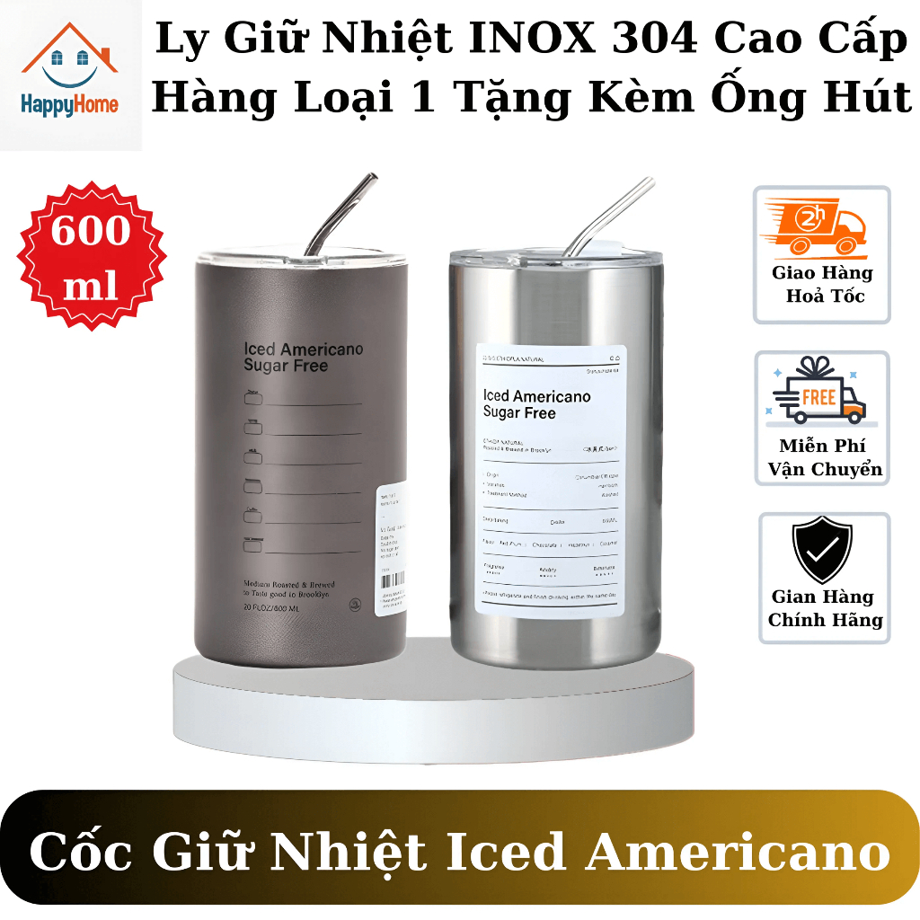 Ly giữ nhiệt inox 304 600ml cao cấp, cốc giữ nhiệt loại 1 dày dặn bền đẹp tặng kèm ống hút ...