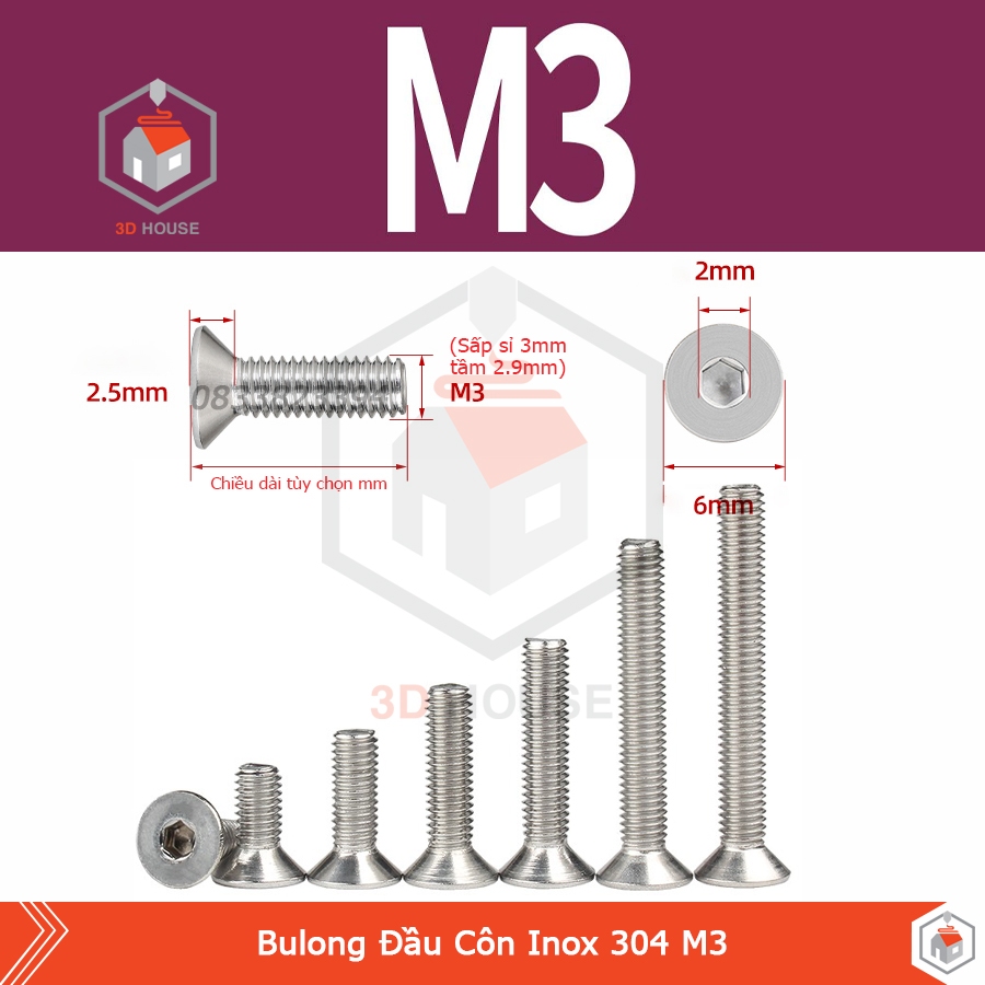 Ốc - Bulong Lục Giác Inox 304 Đầu Côn M3 Đủ Size - 10 con | Shopee Việt Nam