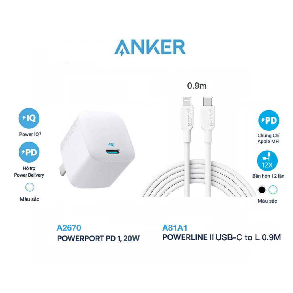 Củ Sạc Nhanh PD 20W Anker A2633,Cáp Sạc A8632/A8633 USB-C to Lighting ...
