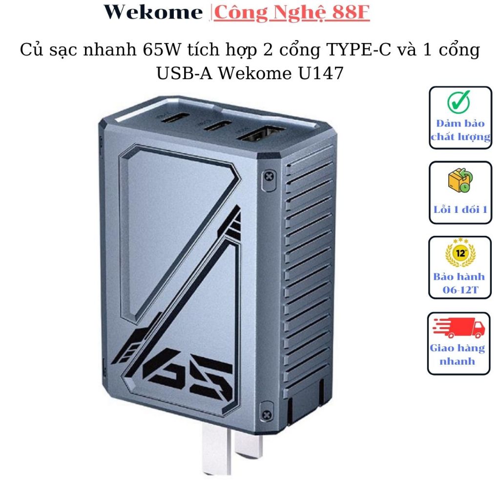 Củ sạc nhanh 65W Wekome U147 tích hợp 2 cổng TYPE-C và 1 cổng USB-A ...
