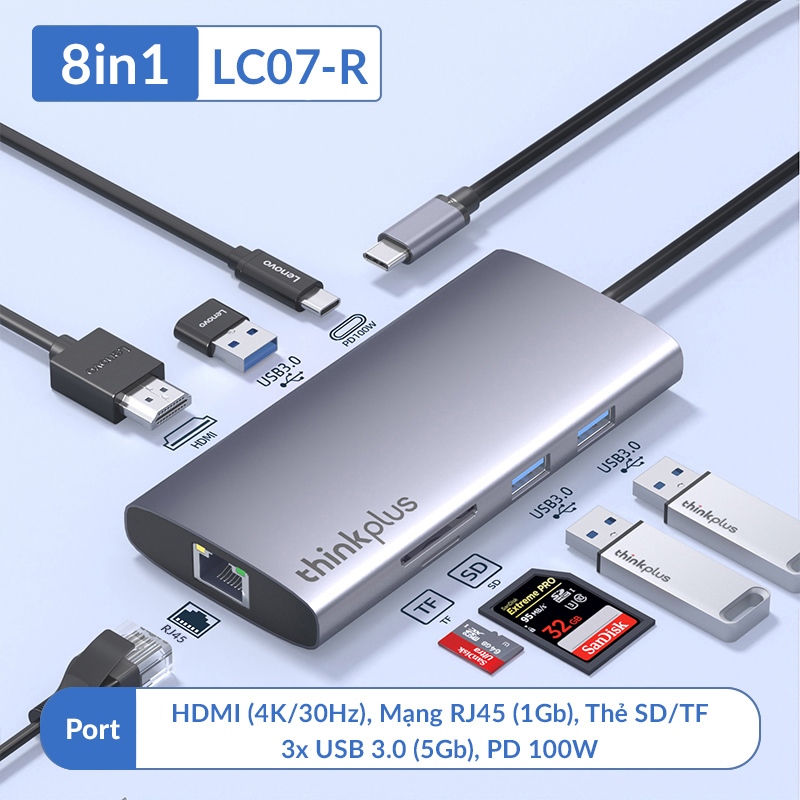 Hub Type C Lenovo Thinkplus | Chuyển USB-C to HDMI 4K PD 100W RJ45 SD ...