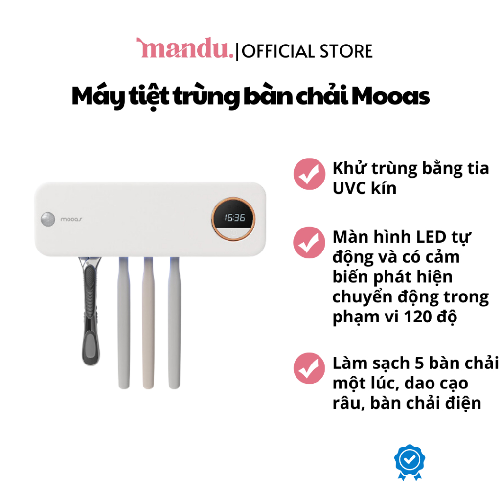 Máy tiệt trùng bàn chải Smile Care Plus UV Mooas, khử khuẩn bàn chải đánh răng thông minh, an ...