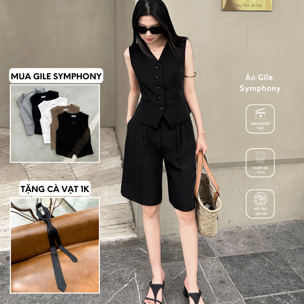 Áo gile Symphony nữ 2 lớp tối giản, chất chéo nhật, có dây điều chỉnh ...