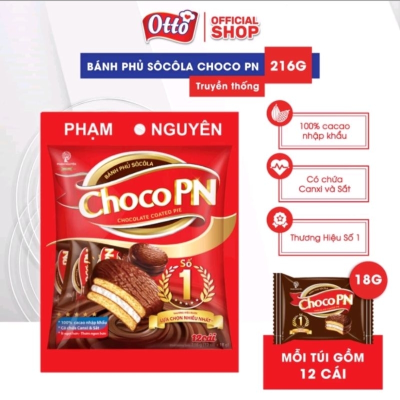 Bánh phủ socola Choco PN - Gói 12 bánh 204gram, Bánh bông lan kem ...