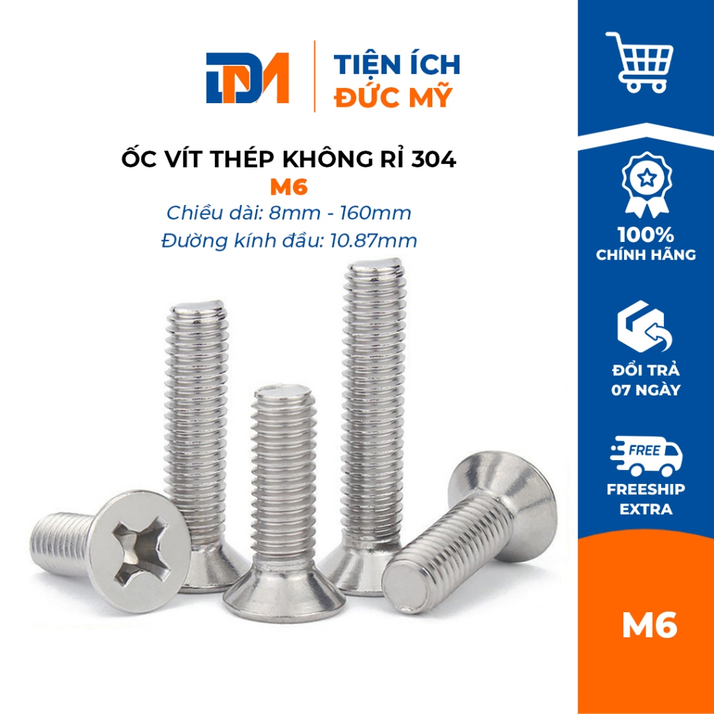 Ốc Vít M6 Inox 304 Chiều Dài Thân Ốc 8mm đến 160mm Đường Kính Đầu 10 ...