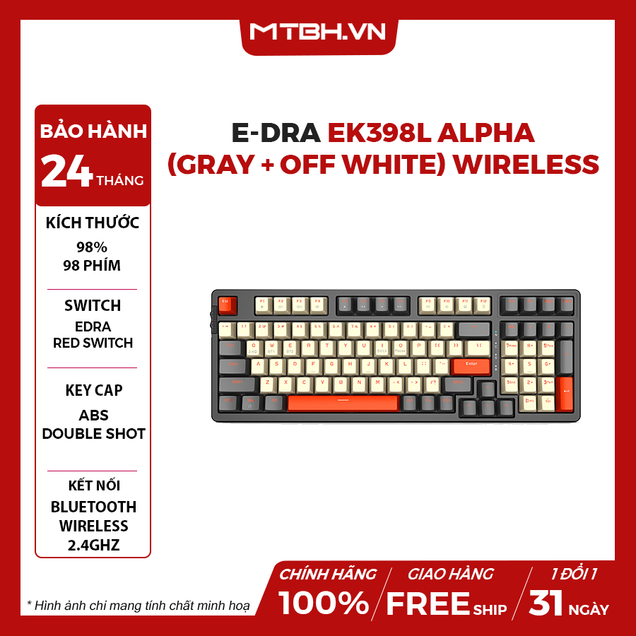 Bàn Phím Cơ E-Dra Ek398L Alpha (Gray + Off White) Wireless Red Switch ...
