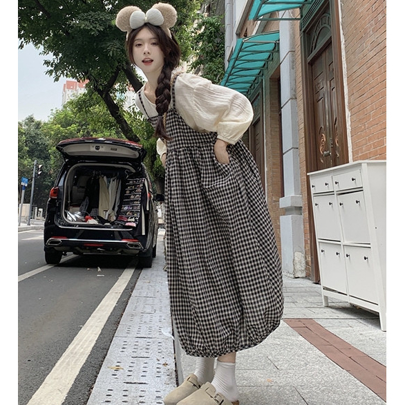 Set Váy Yếm Caro Mix áo Sơ Mi Cổ Tròn Form Rộng áo Sơ Mi Mix Váy Yếm 2 Dây Phong Cách Dễ Thương