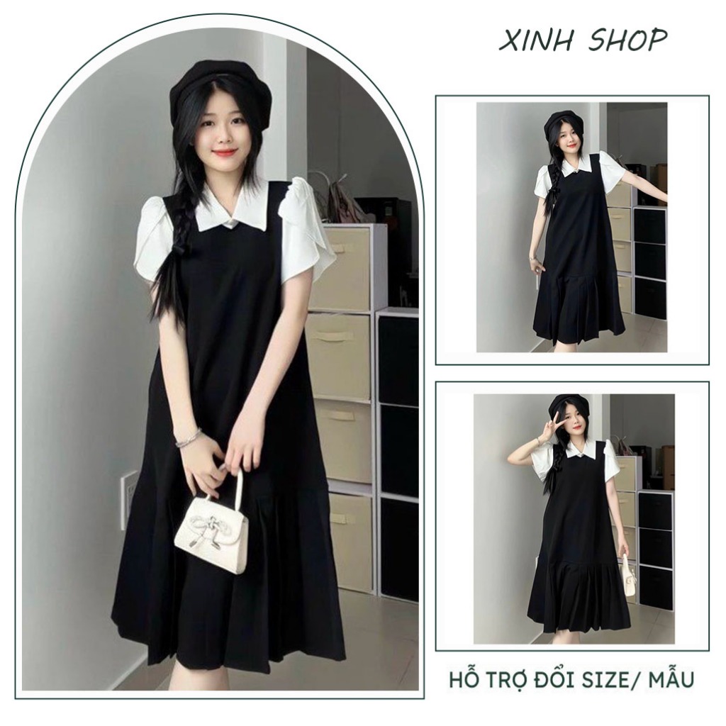 ĐẦM VÁY BẦU CÔNG SỞ CỘC TAY MÙA HÈ STYLE HÀN QUỐC CỔ SEN PHỐI MÀU ĐEN TRẮNG TRẺ TRUNG V828 - ĐẦM ...