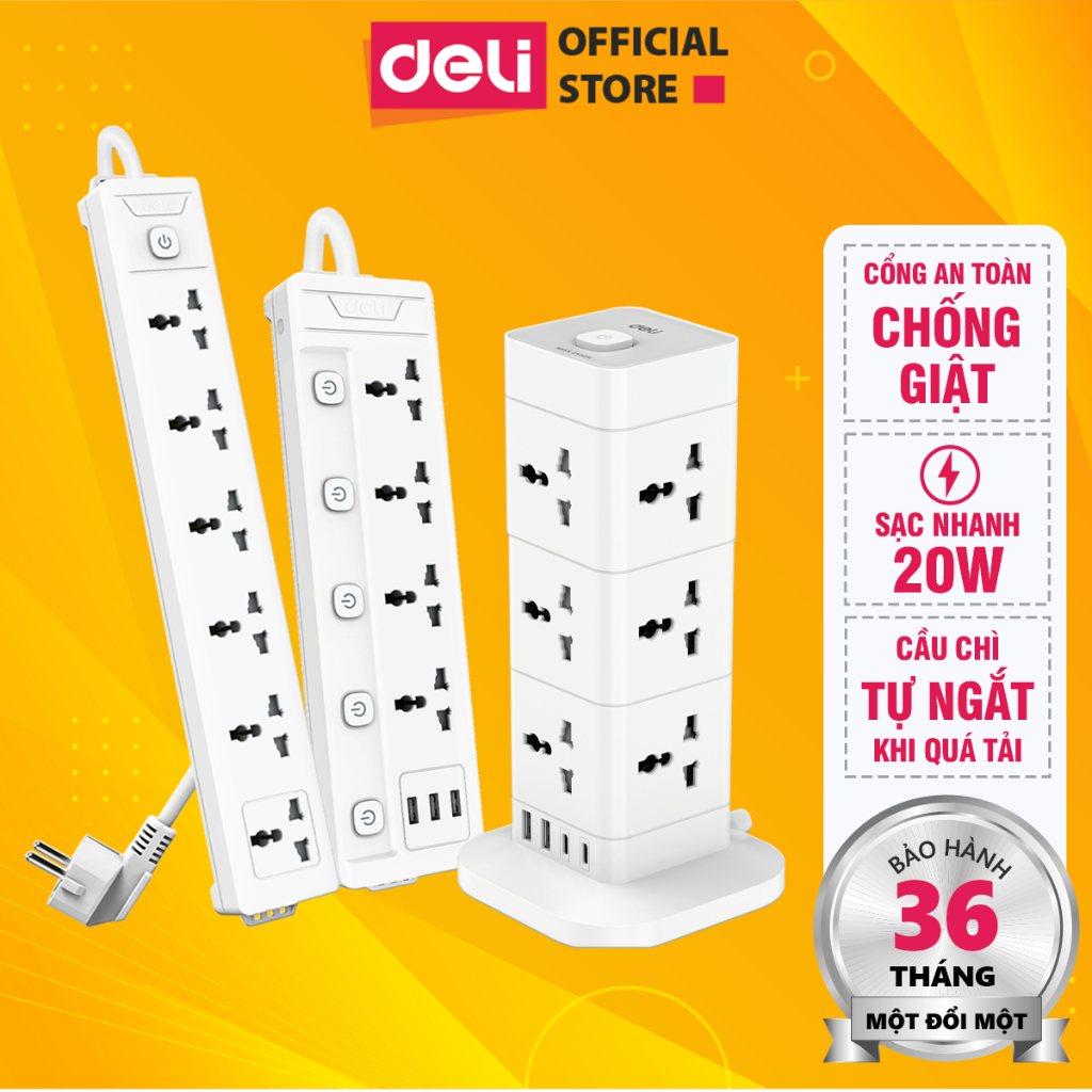 Ổ Cắm Điện Đa Năng DELI Sạc Nhanh TypeC USB PD20W 2-12 Ổ Vuông Dẹt Chịu ...