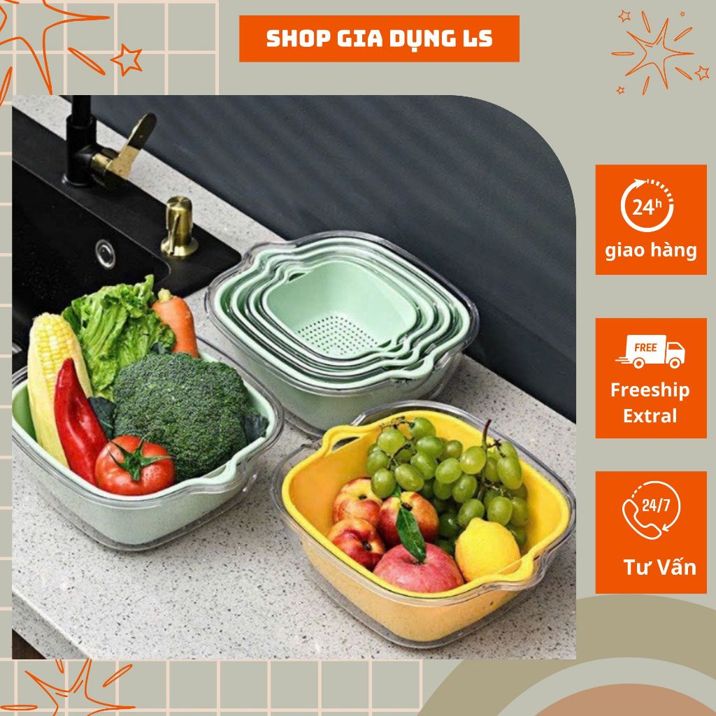 Rổ nhựa đựng đồ kèm chậu thau rửa rau củ đựng hoa quả trái cây 2 lớp ...