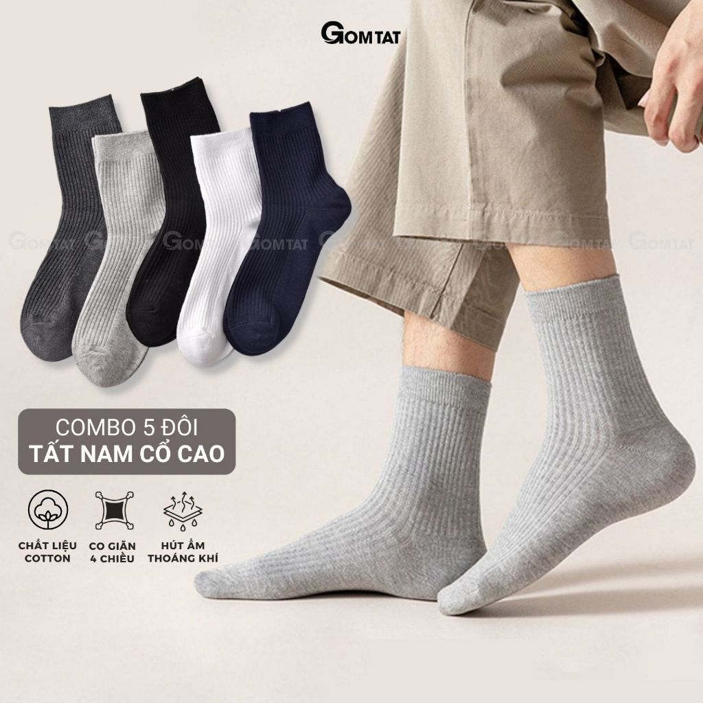 Set 5 đôi tất vớ nam cổ cao GOMTAT, hoạ tiết gân chìm, chất liệu cotton ...