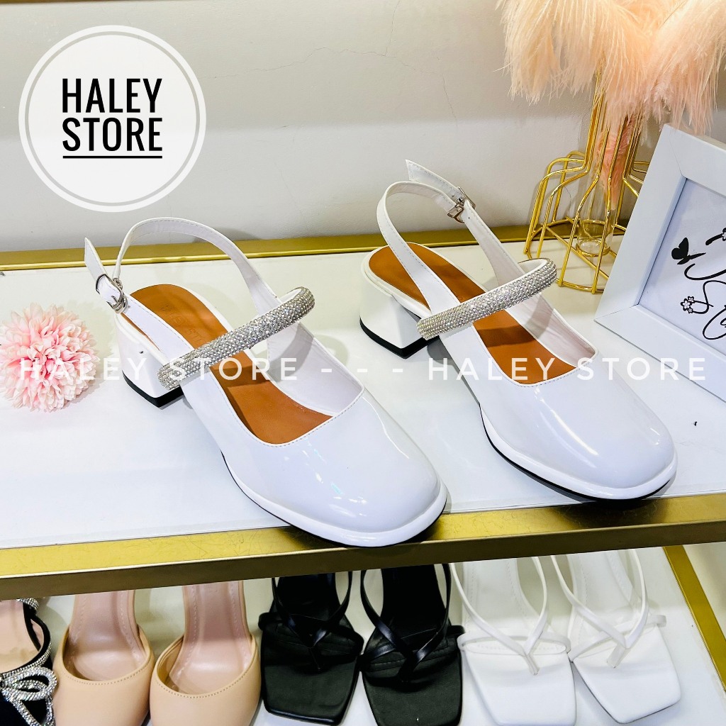 Giày búp bê marry xoàn HALEY STORE gót vuông 5p quai ngang đính đá xoàn ...