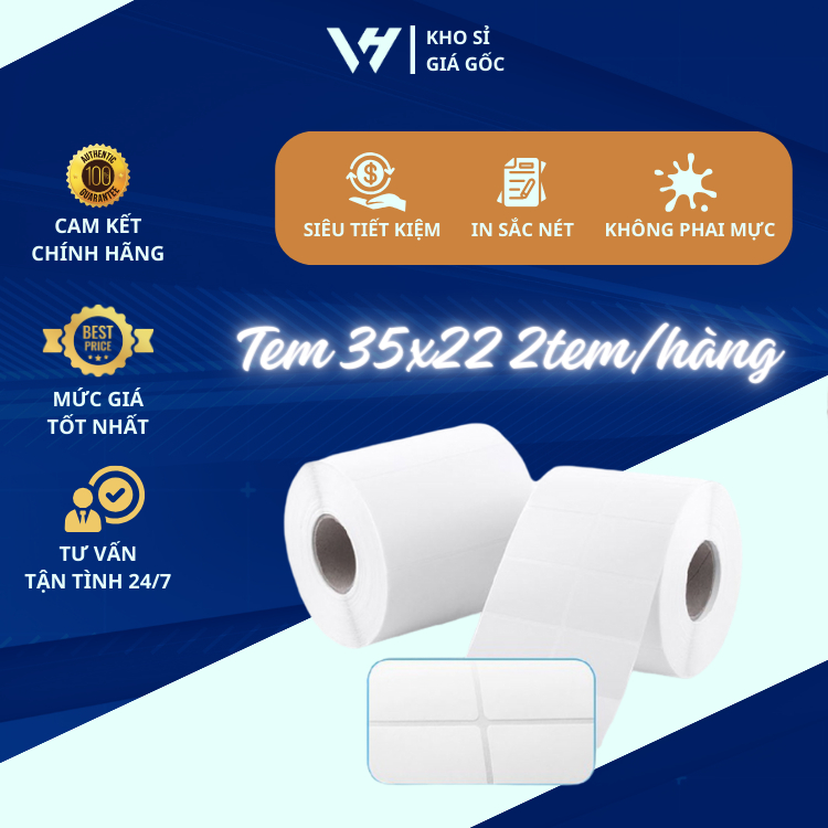 Cuộn in mã vạch, tem nhiệt khổ 2 tem 72x22 mm, giấy in khổ 35x22 mm, 2 ...
