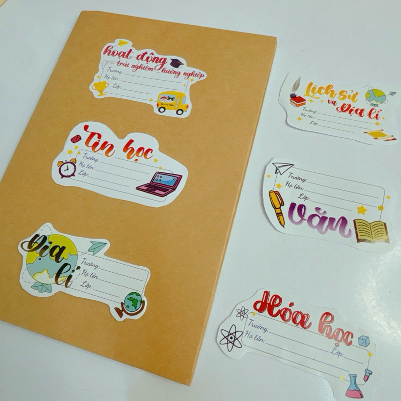 Set 18 nhãn vở bóc dán cắt theo hình trang trí icon đẹp các môn học ...
