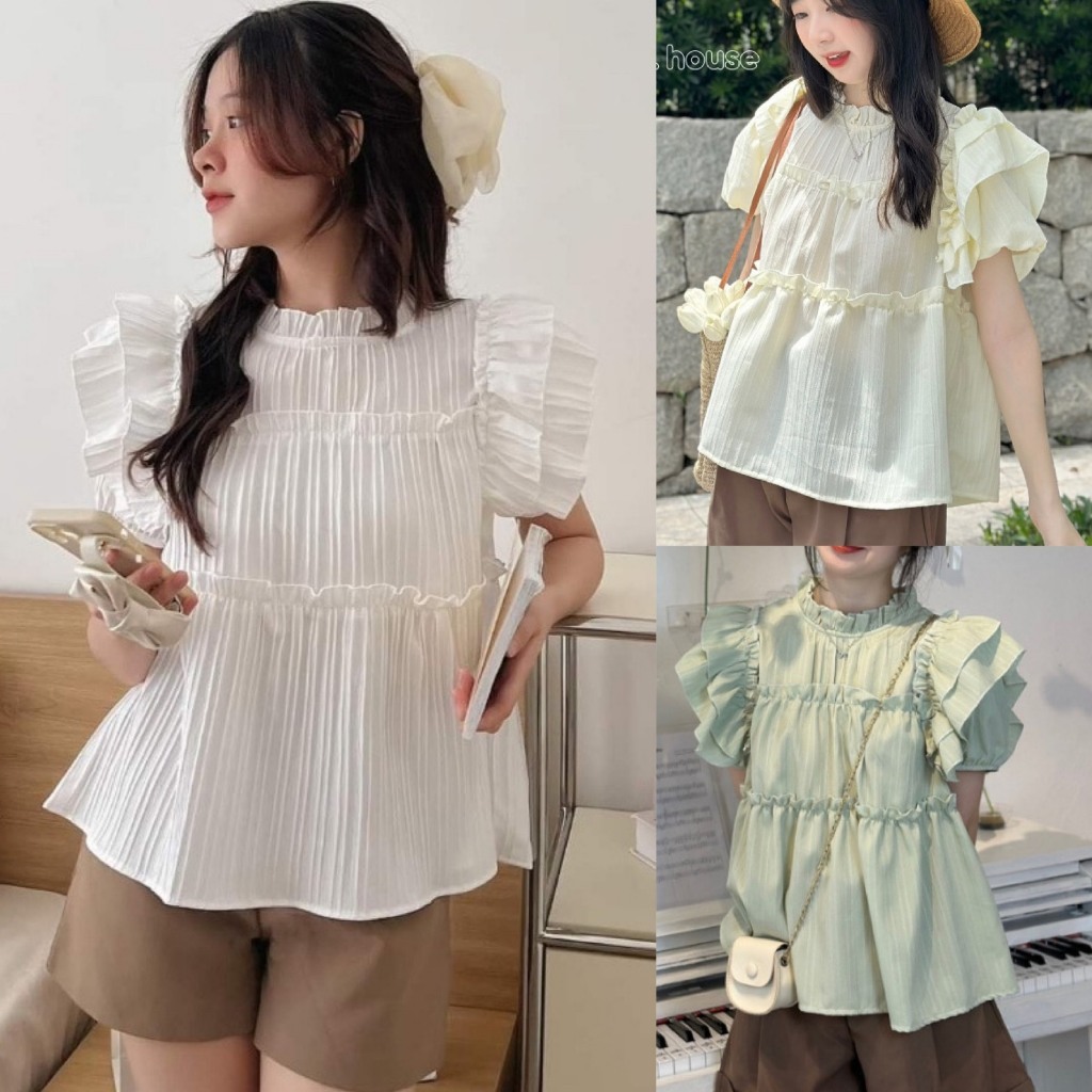 Áo babydoll tay ngắn bồng vạt cánh tiên , Áo babydoll dáng xòe màu kem ...