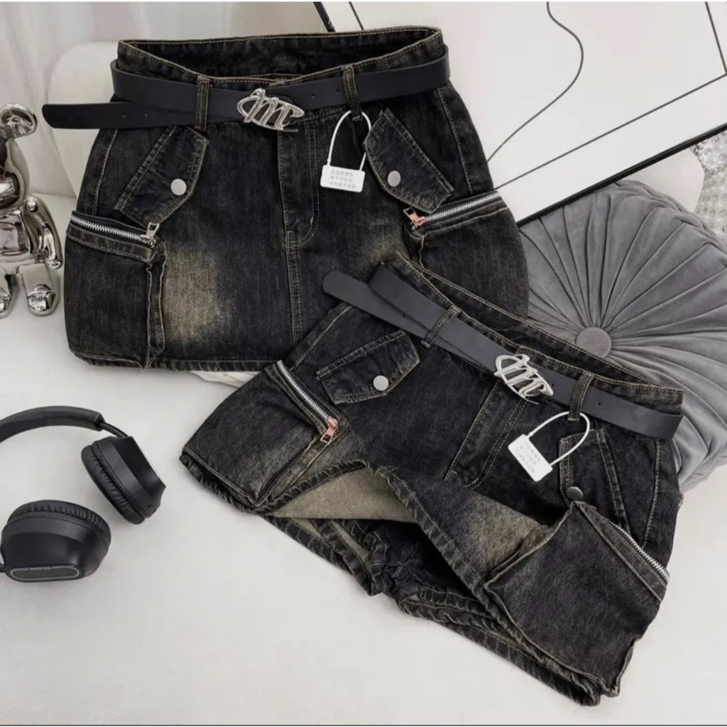 Chân Váy Jean Cao Cấp Nắp Túi Có Quần Trong Cá Tính. Chân Bò Lưng Cao ...