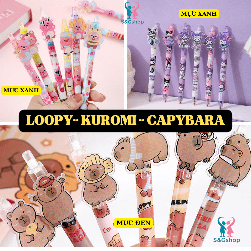 Bút bi gel nước mực xanh/đen loopy, kuromi, capybara ngòi 0.5mm làm quà ...
