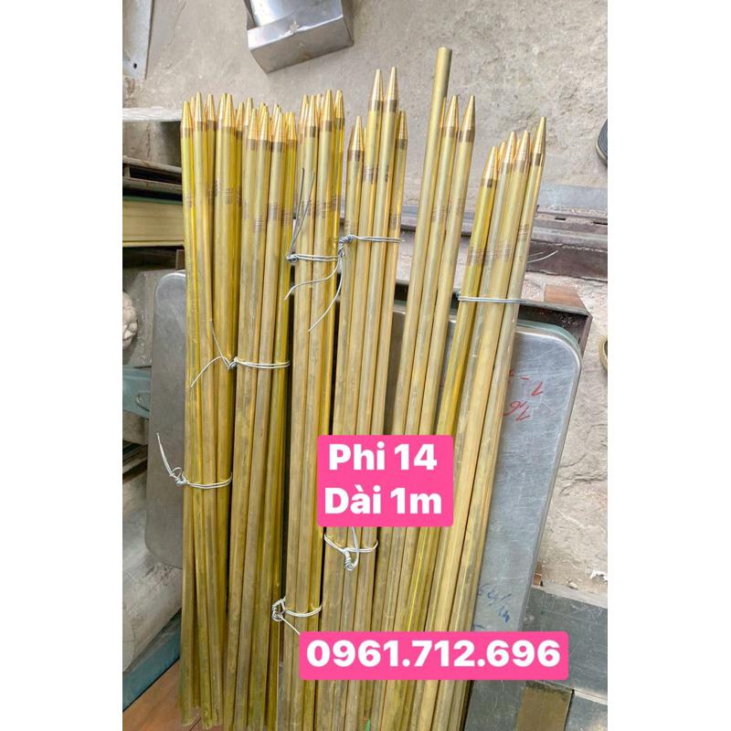 Kim thu lôi đồng thau ,đồng vàng phi 14mm ,dài 1m (kèm ốc xiết cáp ...