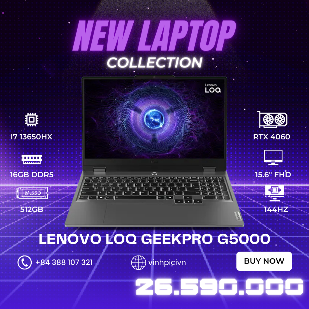 Laptop Lenovo LOQ GeekPro G5000 2024 (i7-13650HX/ RTX 4060/ Ram 16GB/ SSD 512GB/ 15.6" FHD 144Hz ...
