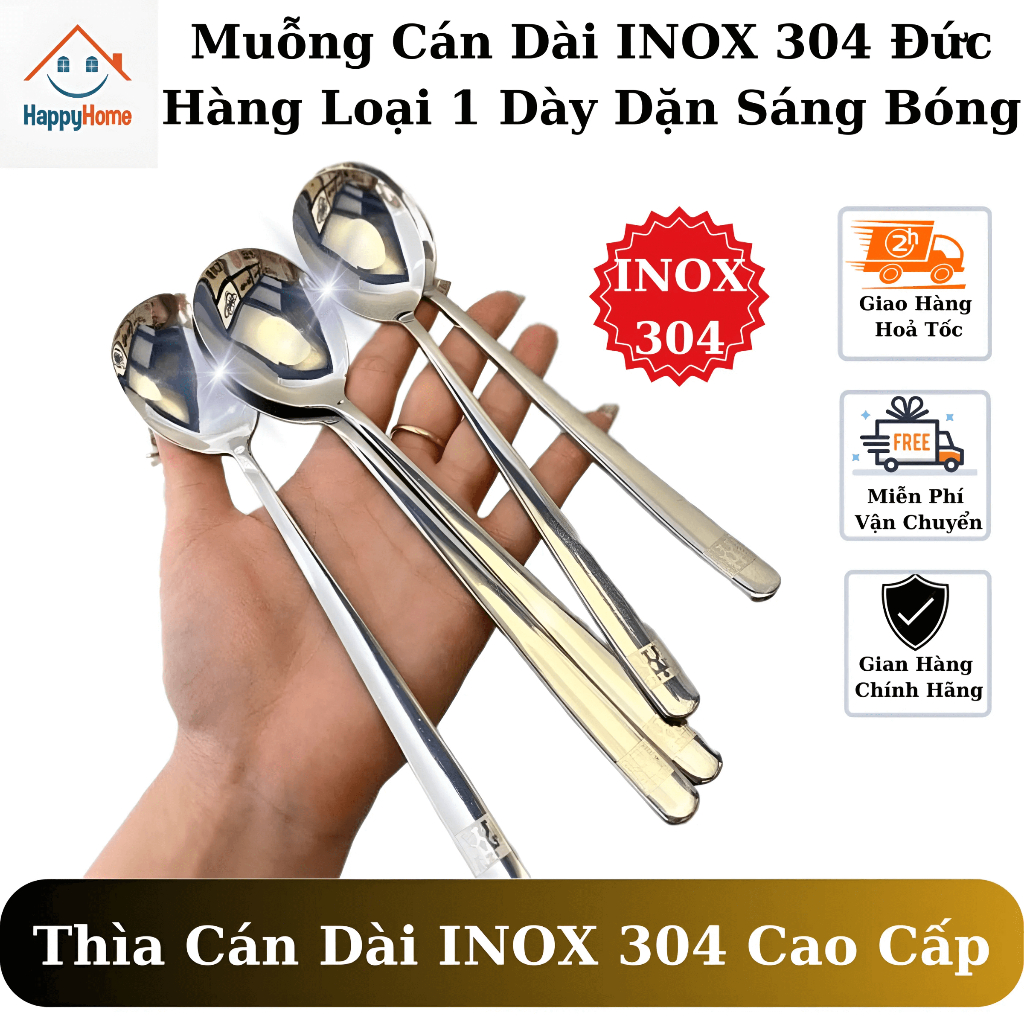 Thìa inox cán dài 304 Đức cao cấp, muỗng inox kháng khuẩn thiết kế dày ...