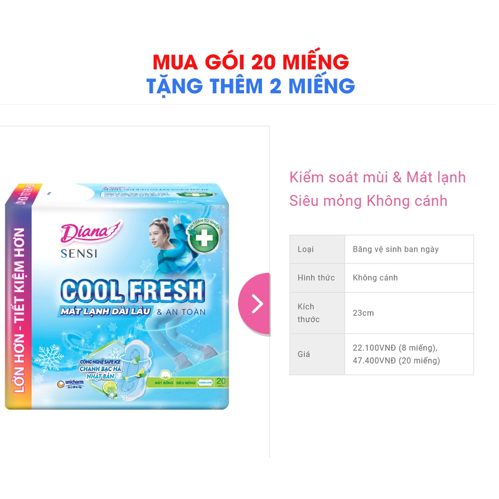 băng vệ sinh diana sensi cool fresh gói 20+2 miếng, bvs sensi coolfresh ...