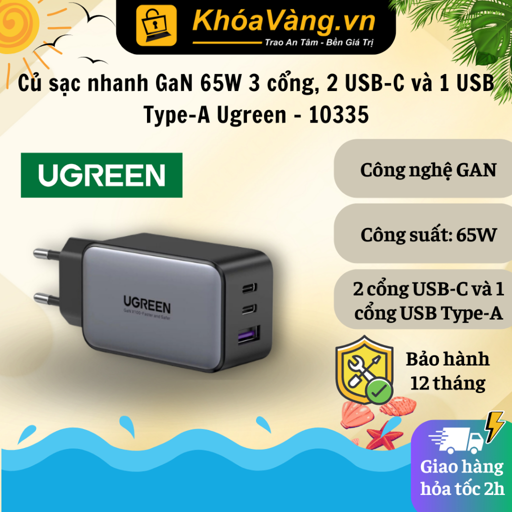 Củ sạc nhanh GaN 65W 3 cổng, 2 USB-C và 1 USB Type-A Ugreen - 10335 ...
