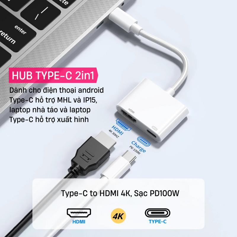 Hub Type C to HDMI 2in1 dành cho điện thoại android Type-C hỗ trợ MHL ...
