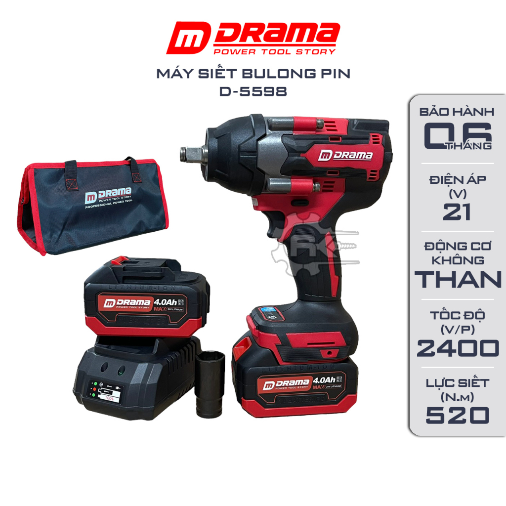 Máy siết bulong pin DRAMA D5598, Động cơ bền bỉ mạnh mẽ, Lực siết 520Nm, Tặng túi vải | Shopee ...