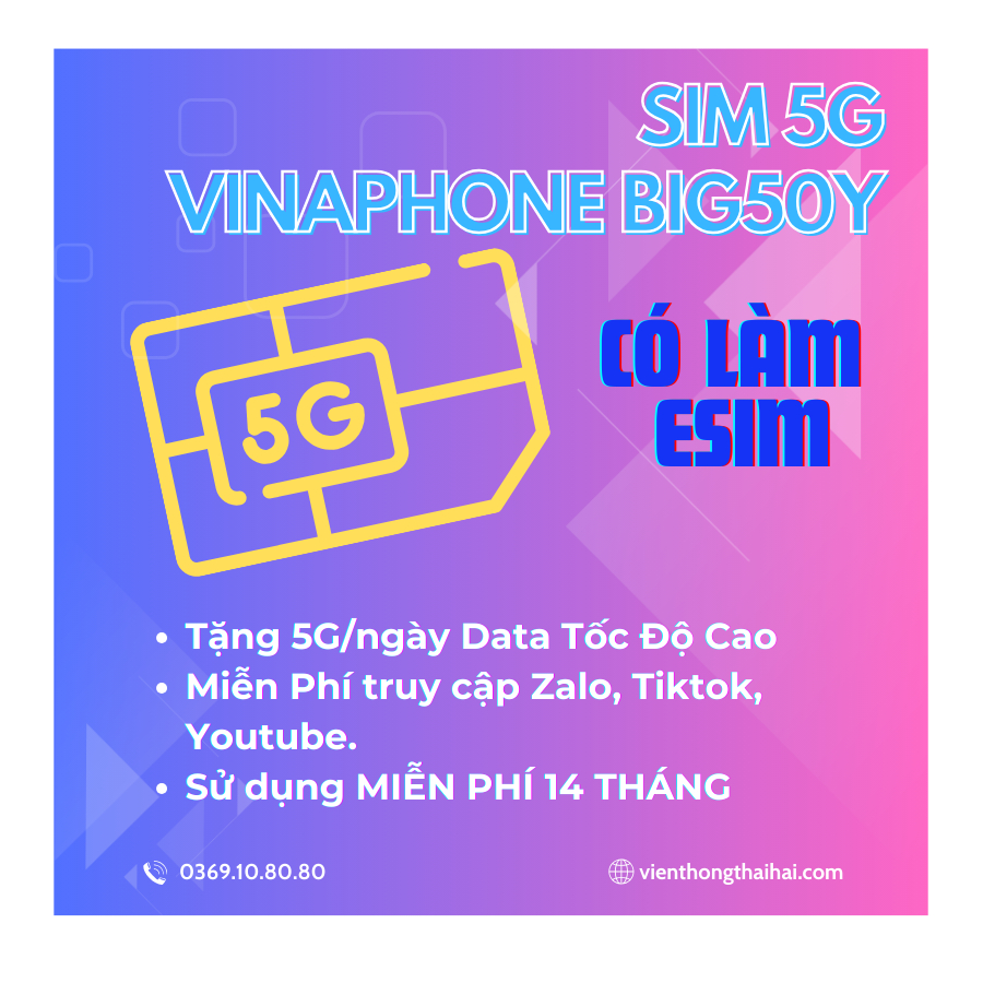 [ ESIM - SIM VẬT LÝ ] Sim DATA 5G Vinaphone BIG50Y 5gb/ngày MIỄN PHÍ 14 THÁNG | Shopee Việt Nam