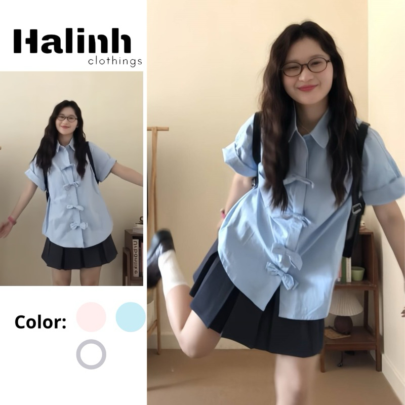 Áo sơ mi nữ cộc tay chất vải thô mềm đính nhiều nơ M154 | Shopee Việt Nam