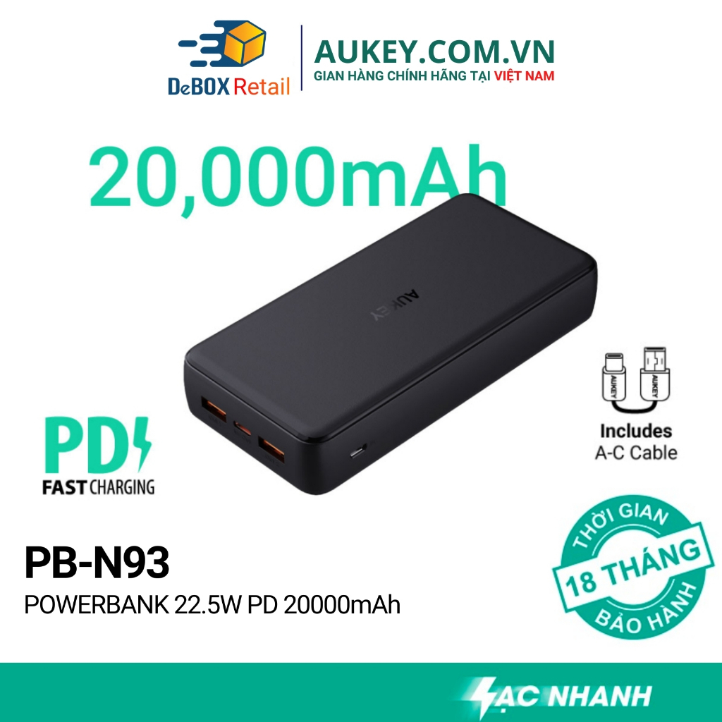 Pin sạc dự phòng AUKEY Basix Plus ll 20000mah PB-N93 USB-C PD20W & QC3.0 22.5W, sạc nhỏ giọt ...