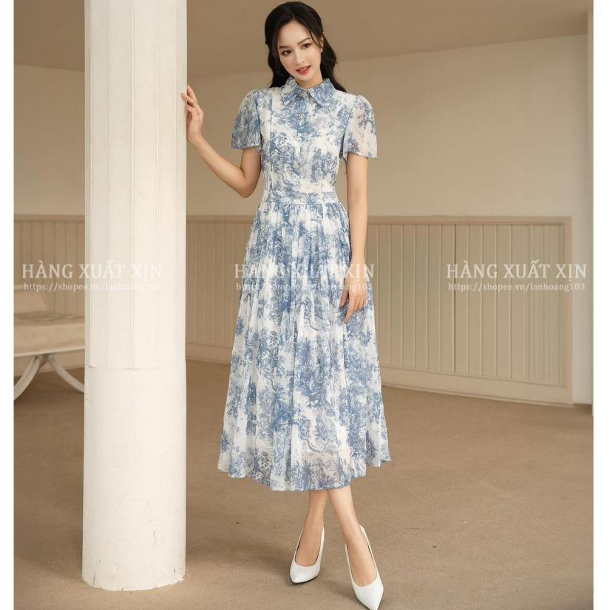 Đầm váy midi vero họa tiết hoa xanh xếp ly | Shopee Việt Nam