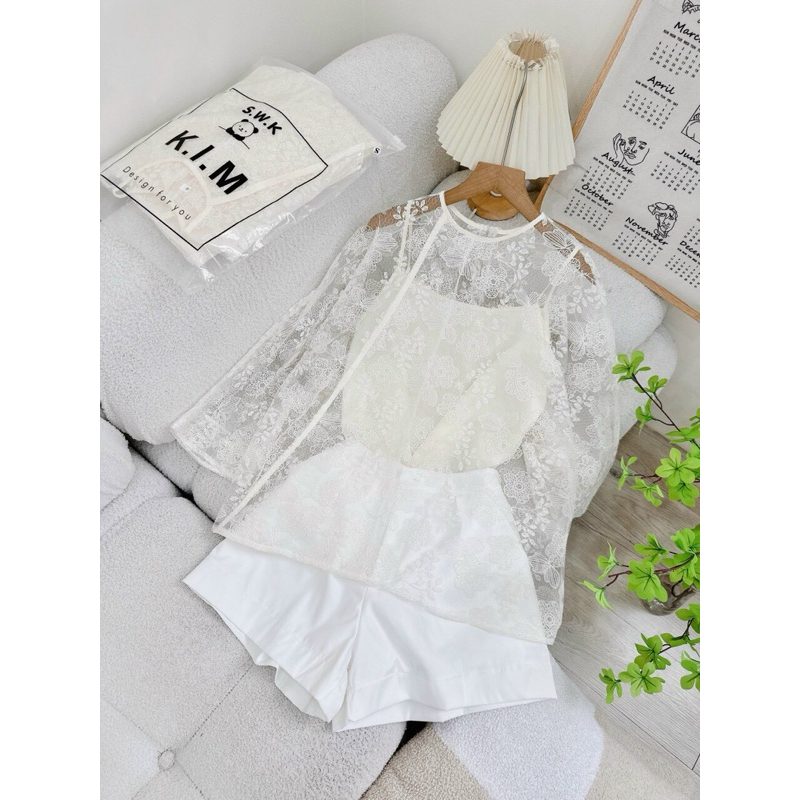 [Kim Clothing] Set áo ren lưới tay loe form rộng + áo dây lụa + quần ...