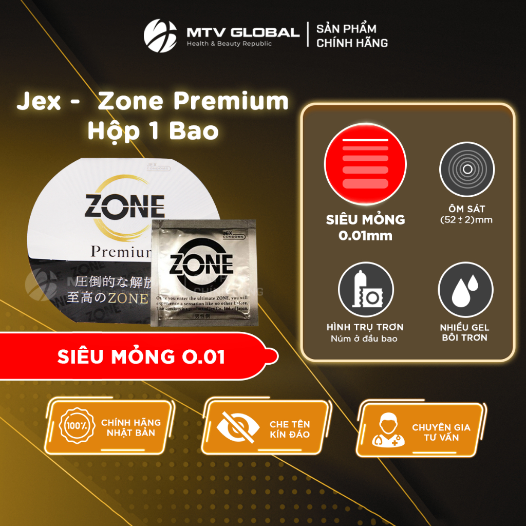 Bao Cao Su Jex Zone Premium Nhật Bản Siêu Mỏng 001, Nhiều Gel Tàng Hình, Ôm sát Size 52mm Hộp 1 ...