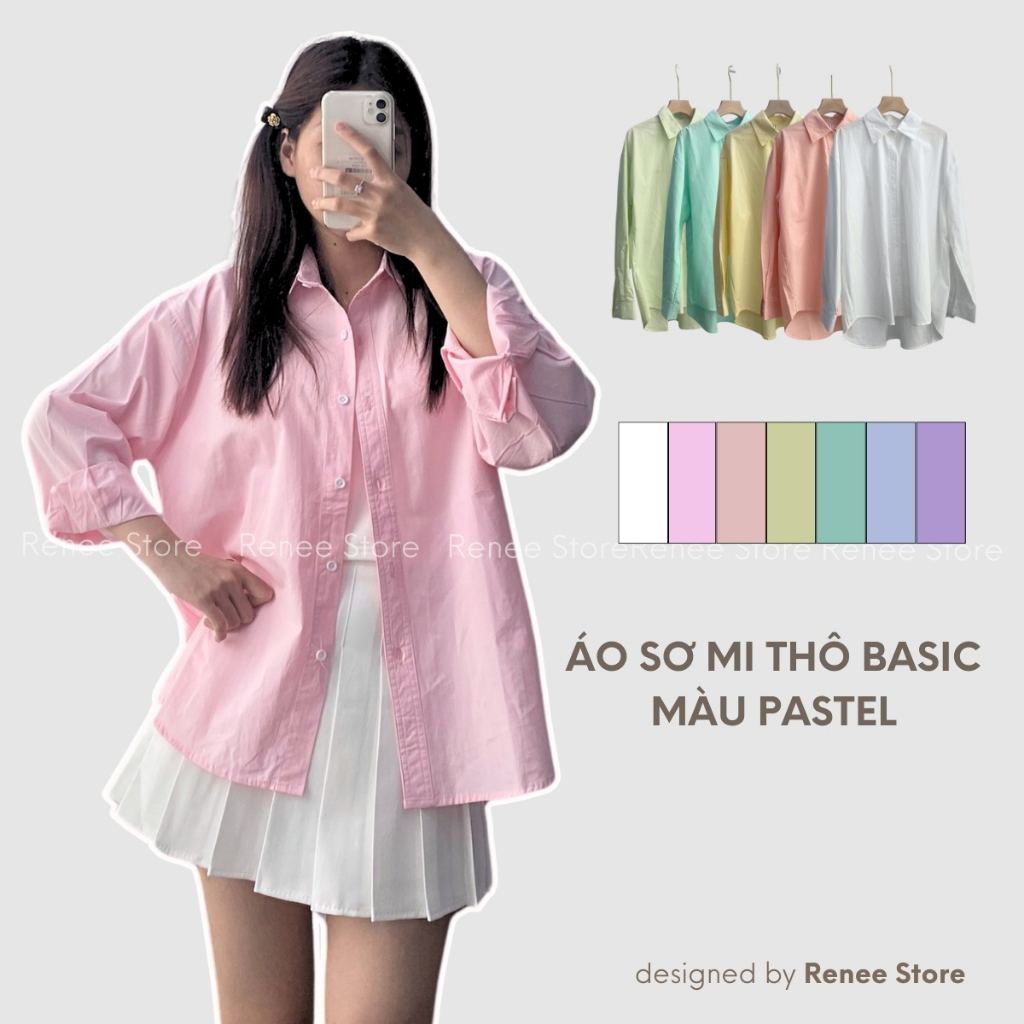 Áo sơ mi basic tay dài màu pastel dáng rộng, sơ mi ulzzang vải thô FULL màu Renee Store - AS4078 ...