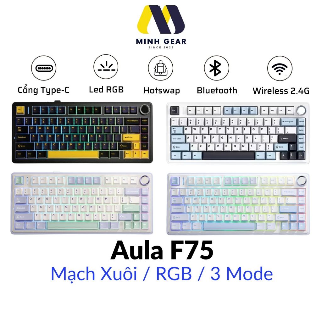 Bàn phím cơ không dây AULA F75 Có Hotswap, Led RGB, Kết nối 3 Mode ...